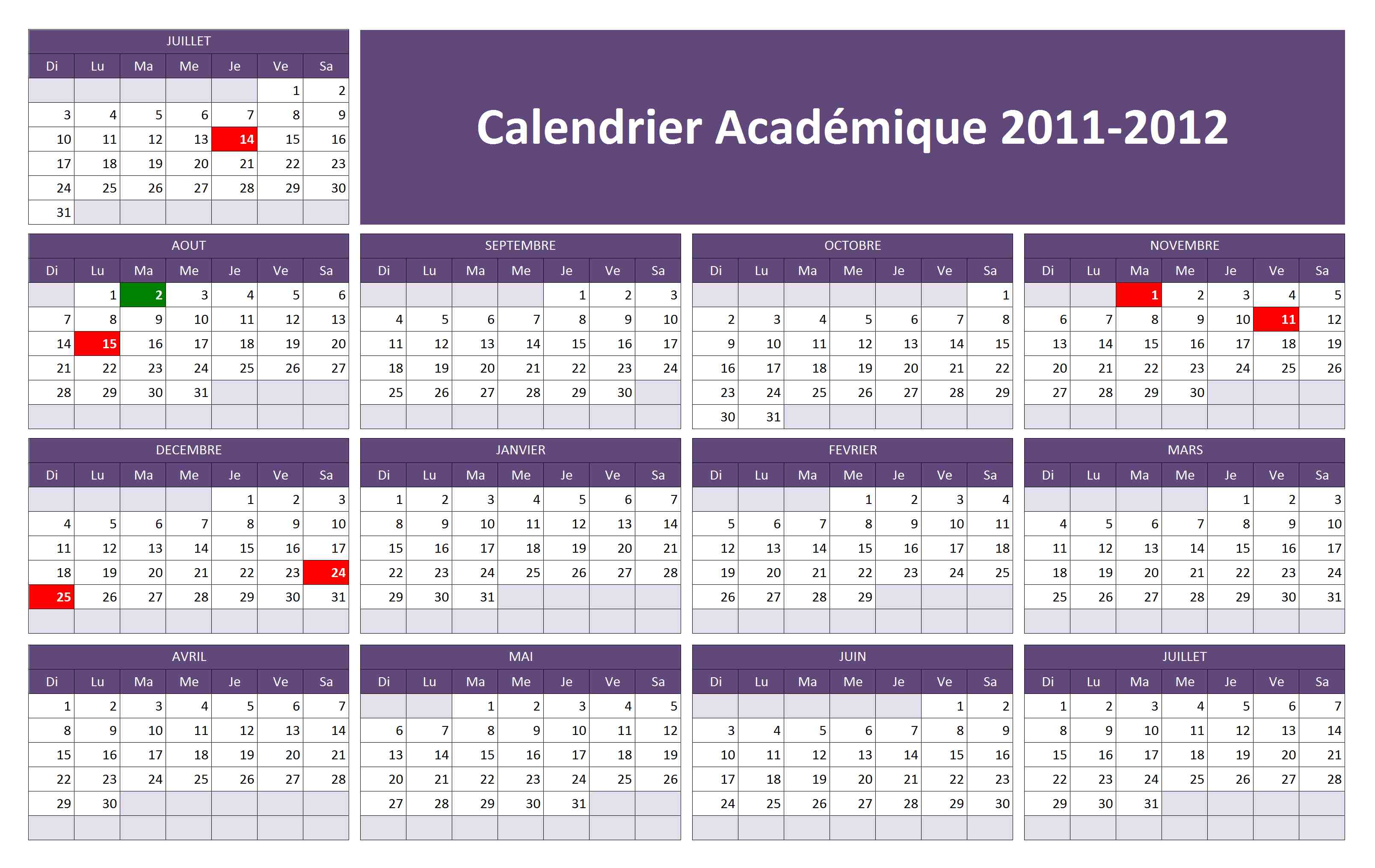 calendrier - Tableau Excel